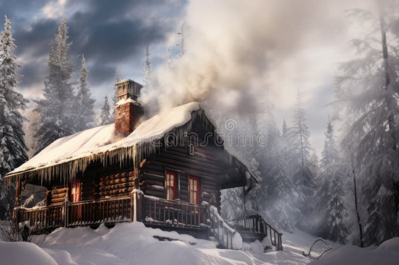Log Cabin Covered with Fresh Snow, Smoke Billowing from the Chimney ...