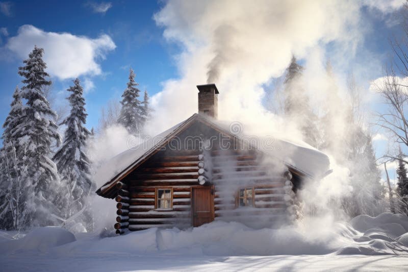 Log Cabin Covered with Fresh Snow, Smoke Billowing from the Chimney ...