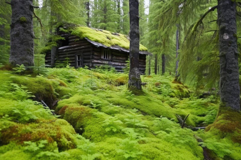 A Log Cabin Covered in Moss among Dense Trees Stock Photo - Image of ...
