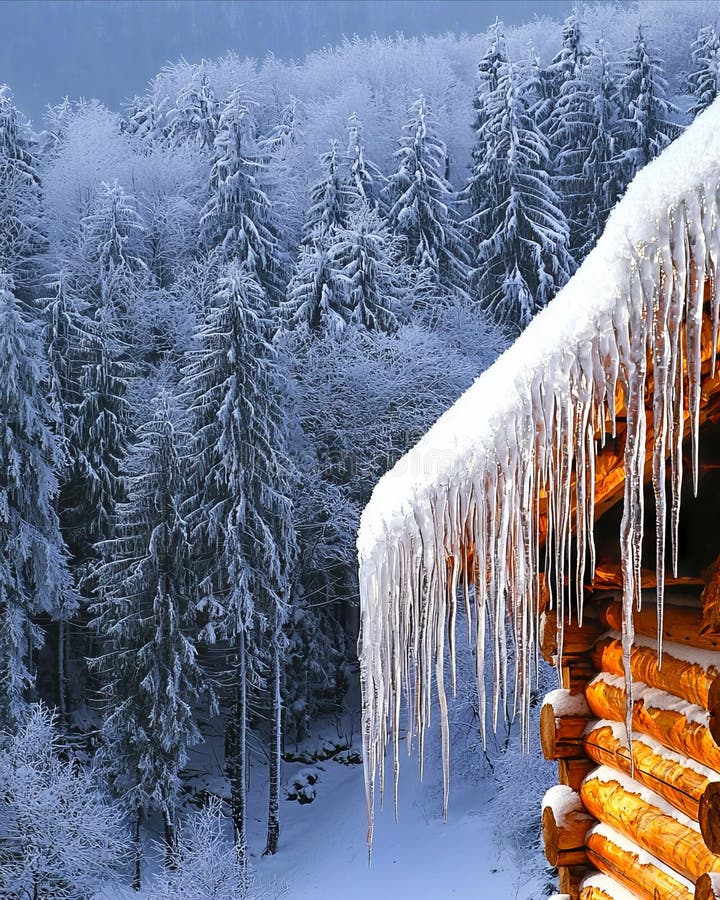 A Log Cabin Covered in Snow and Icicles Hanging from the Roof Stock ...