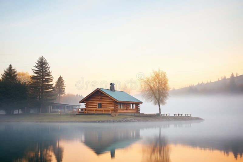 Log Cabin at Dawn, Mist Over Lake Stock Illustration - Illustration of ...
