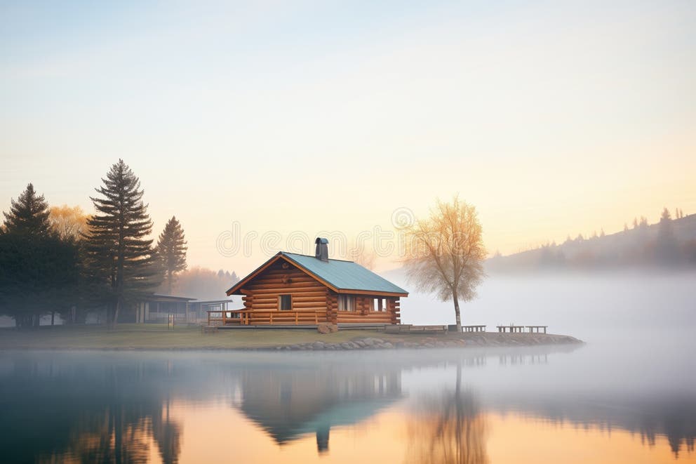 Log Cabin at Dawn, Mist Over Lake Stock Illustration - Illustration of ...