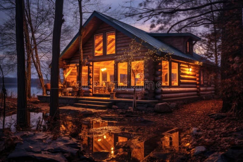 Log Cabin at Dusk with Warm Lights Shining through Windows Stock ...