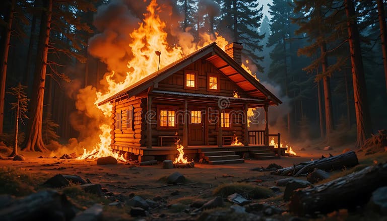 Log Cabin Engulfed in Flames in Forest Setting Emergency Stock ...