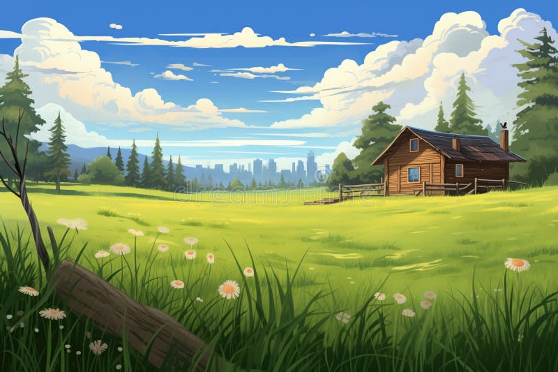 Log Cabin Facing a Sprawling Meadow, Magazine Style Illustration Stock ...