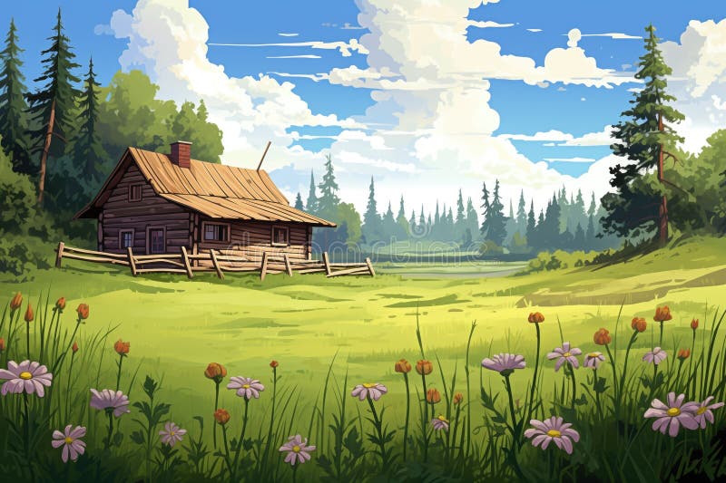 Log Cabin Facing a Sprawling Meadow, Magazine Style Illustration Stock ...
