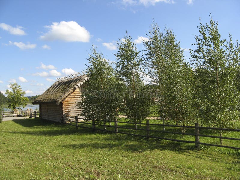Log Cabin, Fence of Poles and Young Birch Trees in Summer Stock Image ...