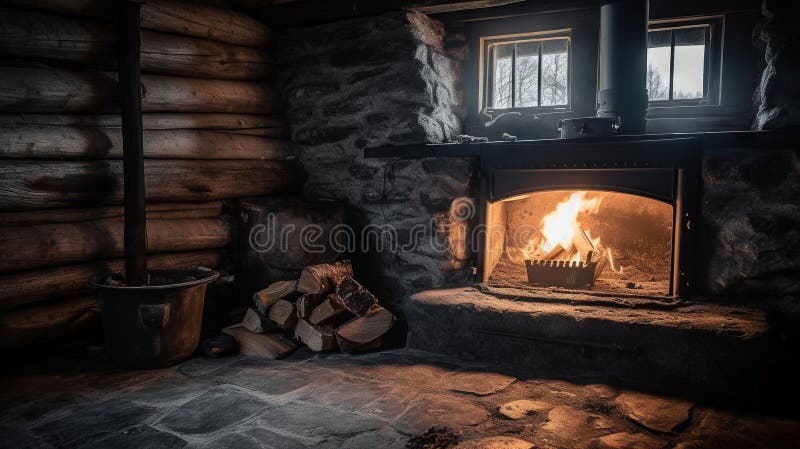 A Log Cabin with a Fire in the Fireplace and Logs Stock Illustration ...