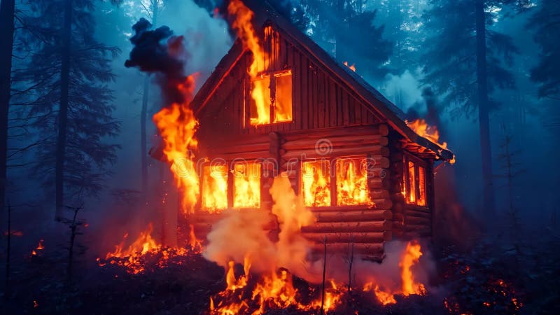 A Log Cabin on Fire in the Woods at Night Stock Footage - Video of ...