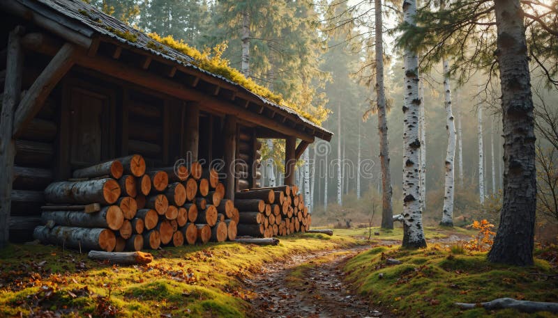Log Cabin with Firewood Stack in Forest with Birch Trees Stock ...