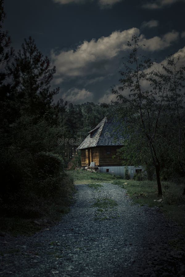Log Cabin in the Forest at Night Stock Photo - Image of darkness ...