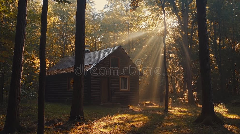 Log Cabin in the Forest Surrounded by Trees and Sunlight. Stock Photo ...