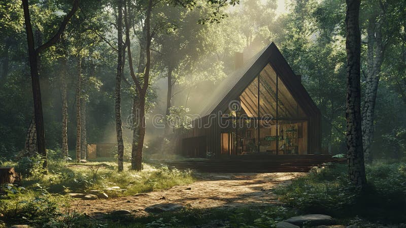 Log Cabin in the Forest Surrounded by Trees and Sunlight. Stock Photo ...