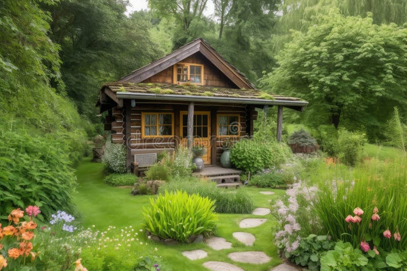 Log Cabin with Garden and Deck, Surrounded by Lush Greenery Stock ...