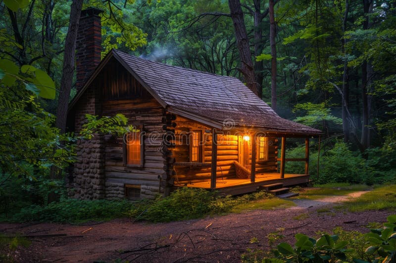 A Log Cabin Glowing with Light in a Dark Forest Setting at Nighttime, a ...