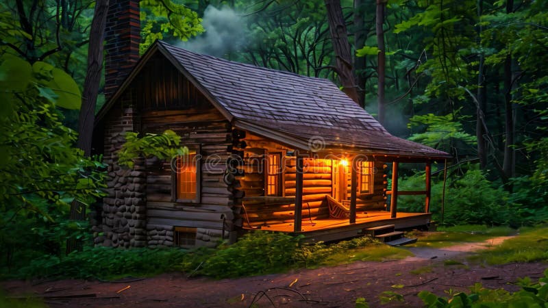 A Log Cabin Glowing with Light in a Dark Forest Setting at Nighttime, a ...