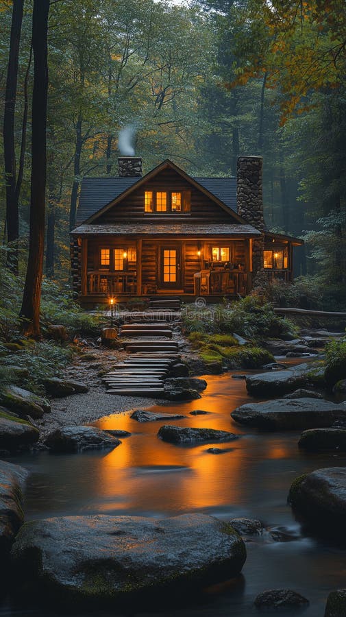 Log Cabin Glows beside a Stream in a Dense Forest at Twilight Time ...