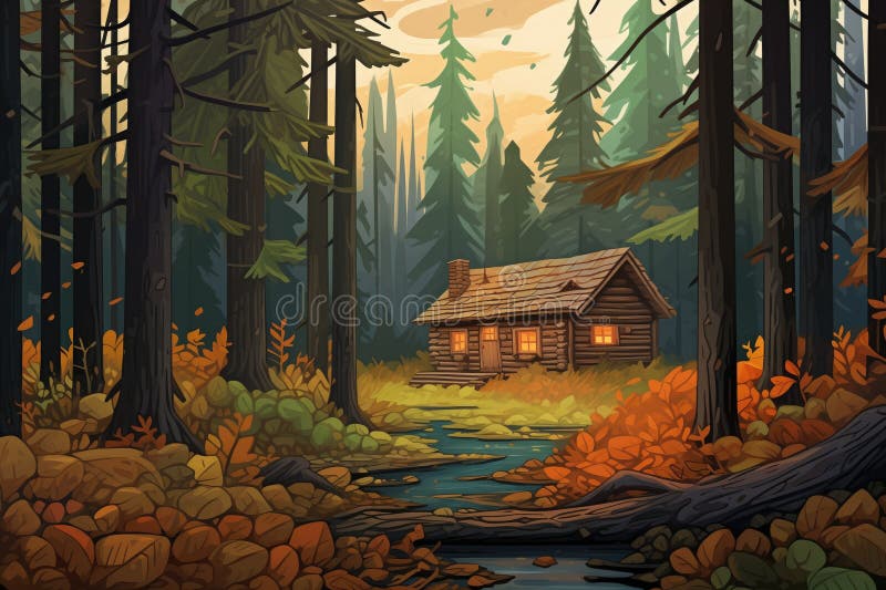 Log Cabin Hidden within a Thick Forest, Magazine Style Illustration ...
