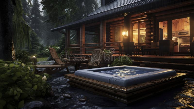 A Log Cabin with a Hot Tub on the Deck for Relaxation Stock ...