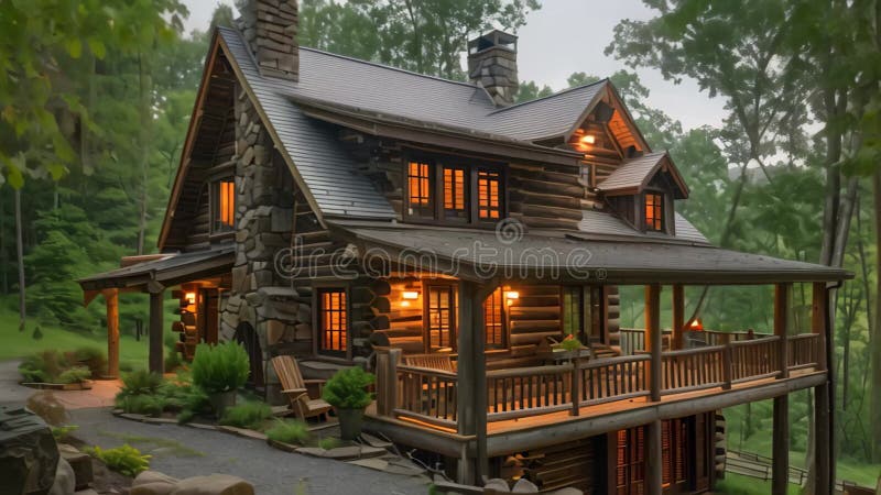 A Log Cabin Illuminated at Night in a Dense Forest Setting, a Rustic ...