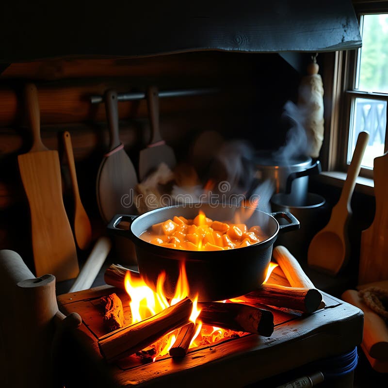 A Log Cabin Kitchen with a Cast Iron Pot Roasting Stew Over an Open ...