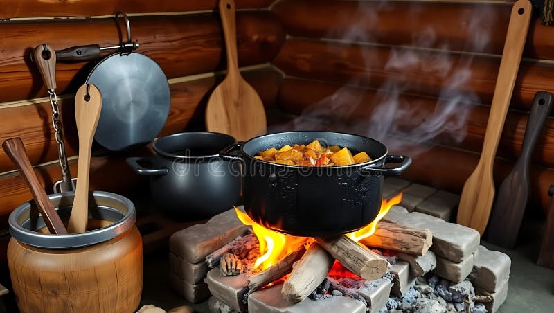 A Log Cabin Kitchen with a Cast Iron Pot Roasting Stew Over an Open ...