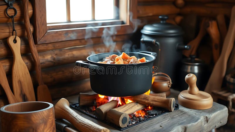 A Log Cabin Kitchen with a Cast Iron Pot Roasting Stew Over an Open ...