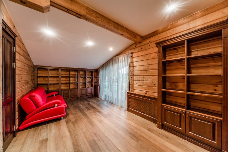 Log cabin library stock image. Image of bookshelves, curtain - 44051483