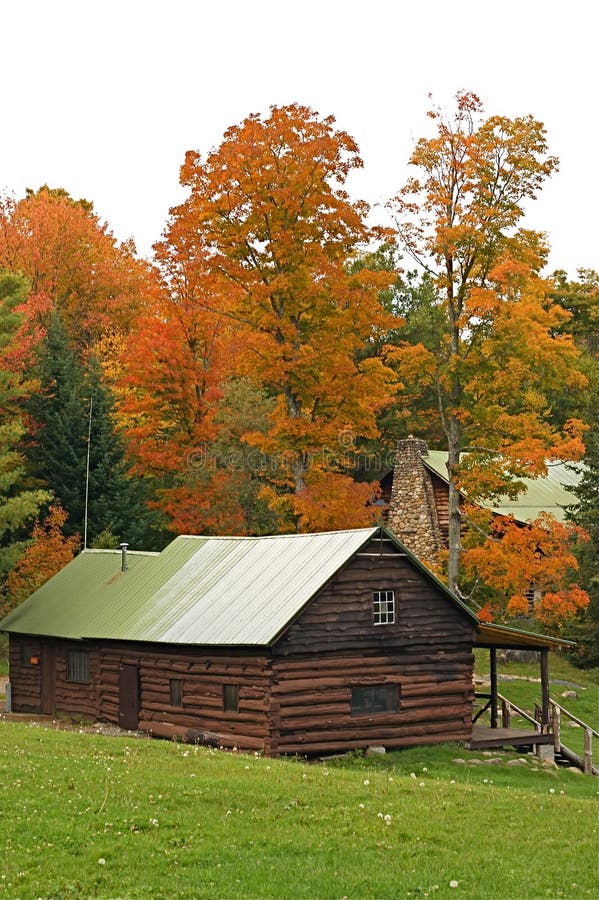 Log Cabin and Maple Trees in the Fall Stock Image - Image of slope ...