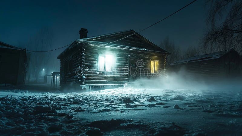 A Log Cabin in the Middle of a Snowy Field at Night Stock Image - Image ...