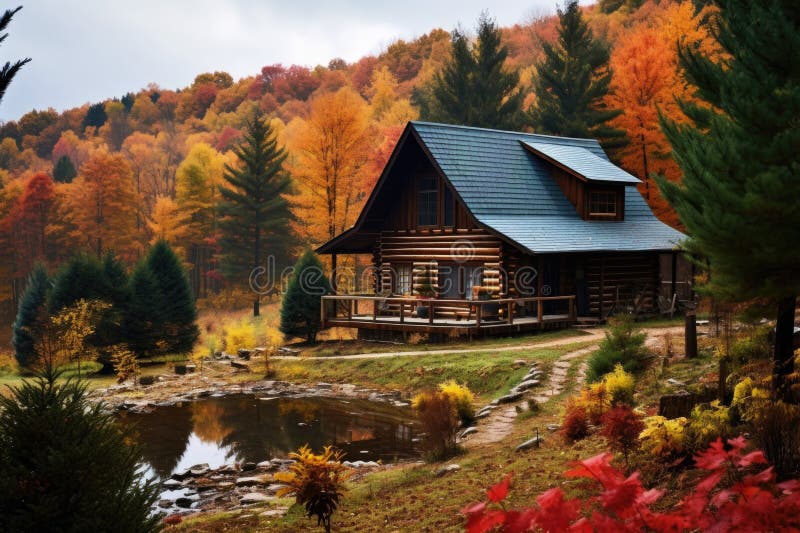 A Log Cabin Nestled Against a Forest Backdrop during Autumn Stock Photo ...