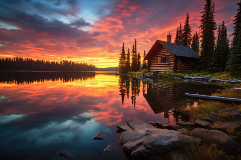 A Log Cabin Overlooking a Serene Lake at Sunrise Stock Image - Image of ...