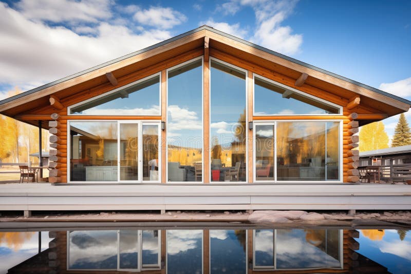 Log Cabin with Reflective Glass Windows Mirroring the Surrounding ...