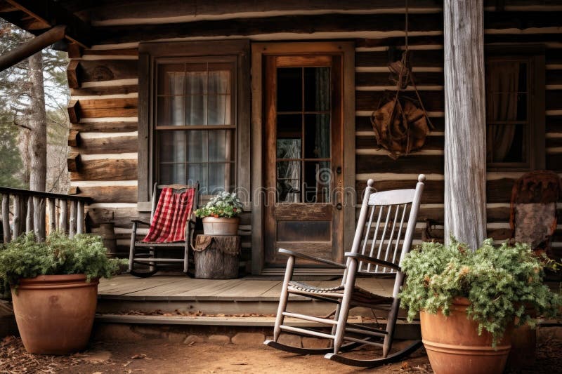 Log Cabin with a Rocking Chair on the Front Porch Stock Photo - Image ...