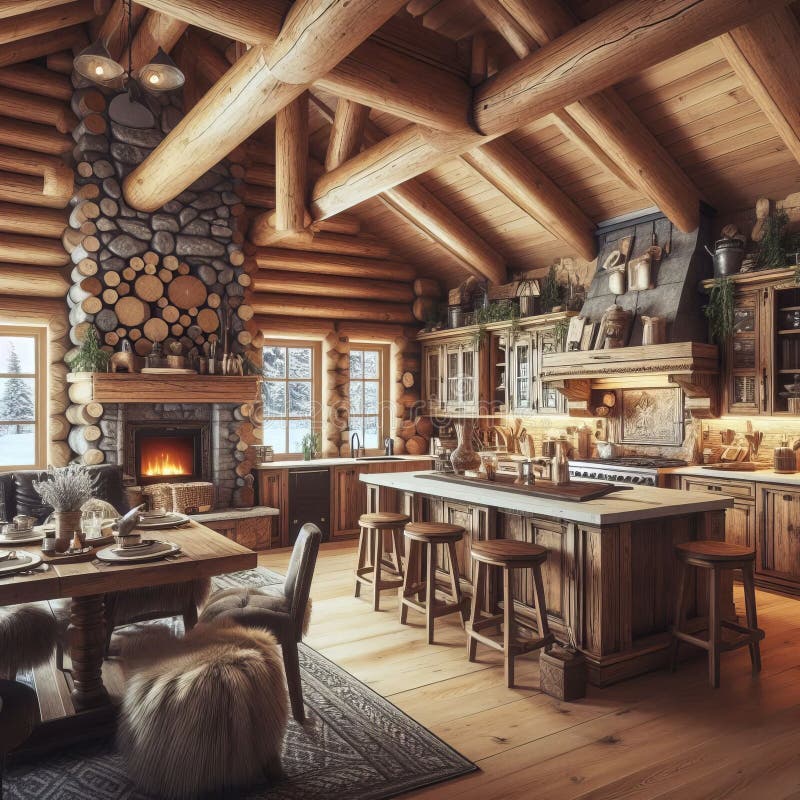 Log Cabin a Rustic Kitchen with a Focus on Natural Materi Stock ...