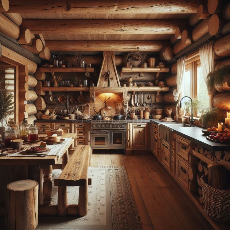 Log Cabin a Rustic Kitchen with a Focus on Natural Materi Stock ...
