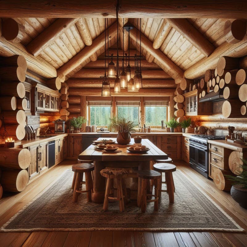 Log Cabin a Rustic Kitchen with a Focus on Natural Materi Stock ...