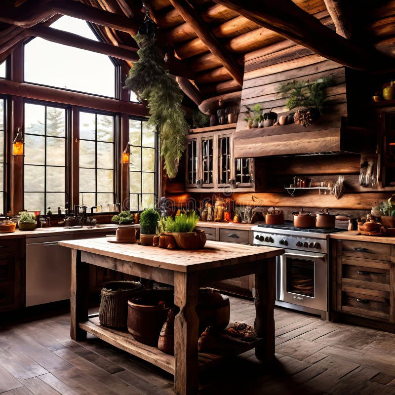 Log Cabin a Rustic Kitchen with a Focus on Natural Materials S Stock ...