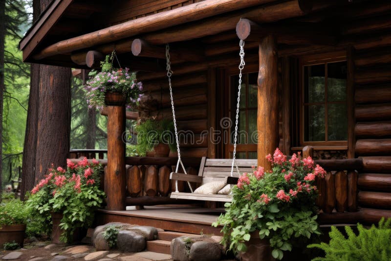 A Log Cabin with a Rustic Swing on the Front Porch Stock Image - Image ...