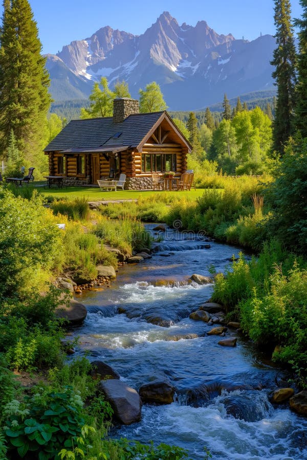A Log Cabin Sits in the Middle of a Stream in Front of a Mountain Stock ...