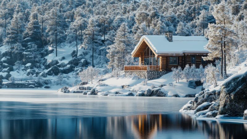 A Log Cabin in a Snowy Forest by a Frozen Lake Stock Illustration ...