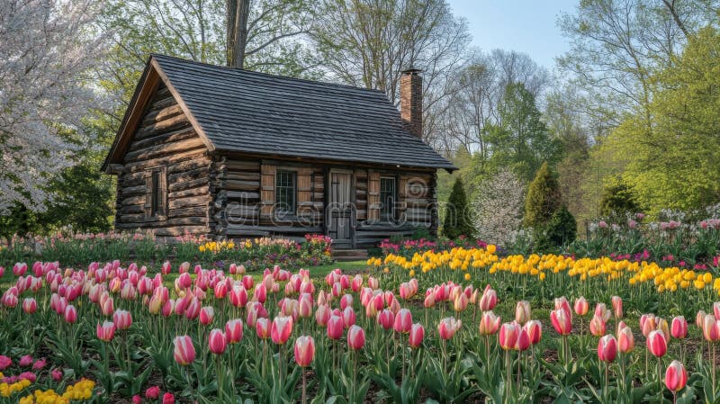Log Cabin Springtime Garden Tulip Display Stock Illustration ...