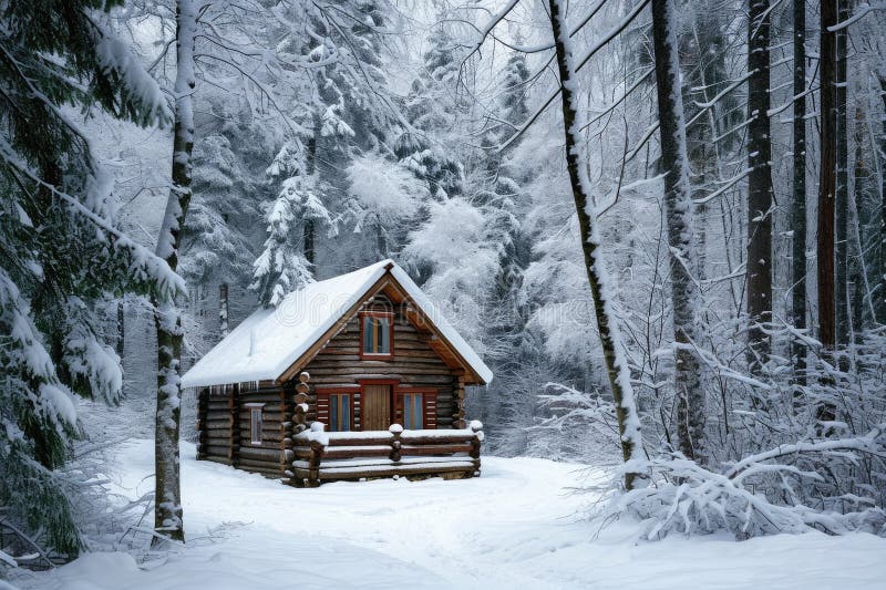 A Log Cabin Stands in the Midst of a Winter Forest Covered in Snow, a ...