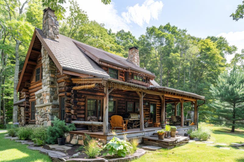 A Log Cabin with a Stone Fireplace Nestled in a Forest Setting, a ...