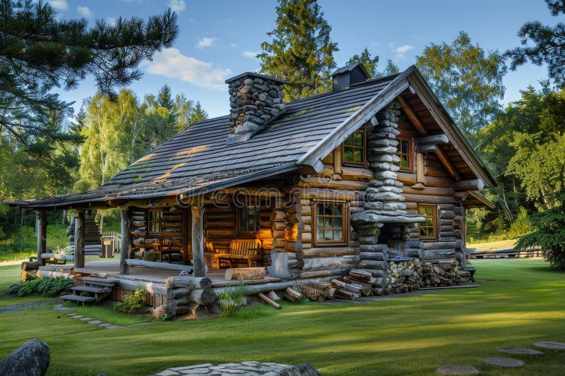 A Log Cabin with a Stone Fireplace Sits in the Middle of a Grassy Field ...