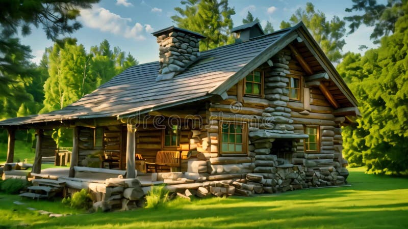 A Log Cabin with a Stone Fireplace Sits in the Middle of a Grassy Field ...