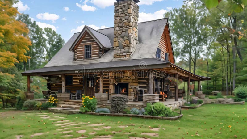 A Log Cabin with a Stone Walkway Leading To it, Set in a Rustic ...