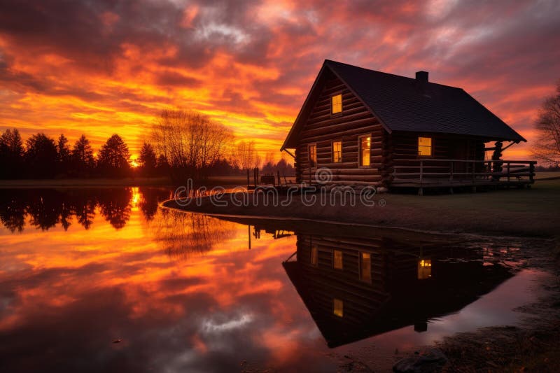 Log Cabin at Sunset, with the Golden Sky Reflecting on Its Windows ...