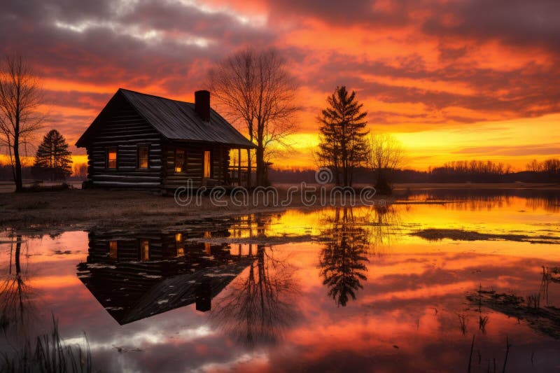 Log Cabin at Sunset, with the Golden Sky Reflecting on Its Windows ...