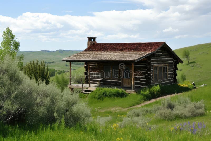 Log Cabin Surrounded by Lush Greenery, with View of Rolling Hills Stock ...